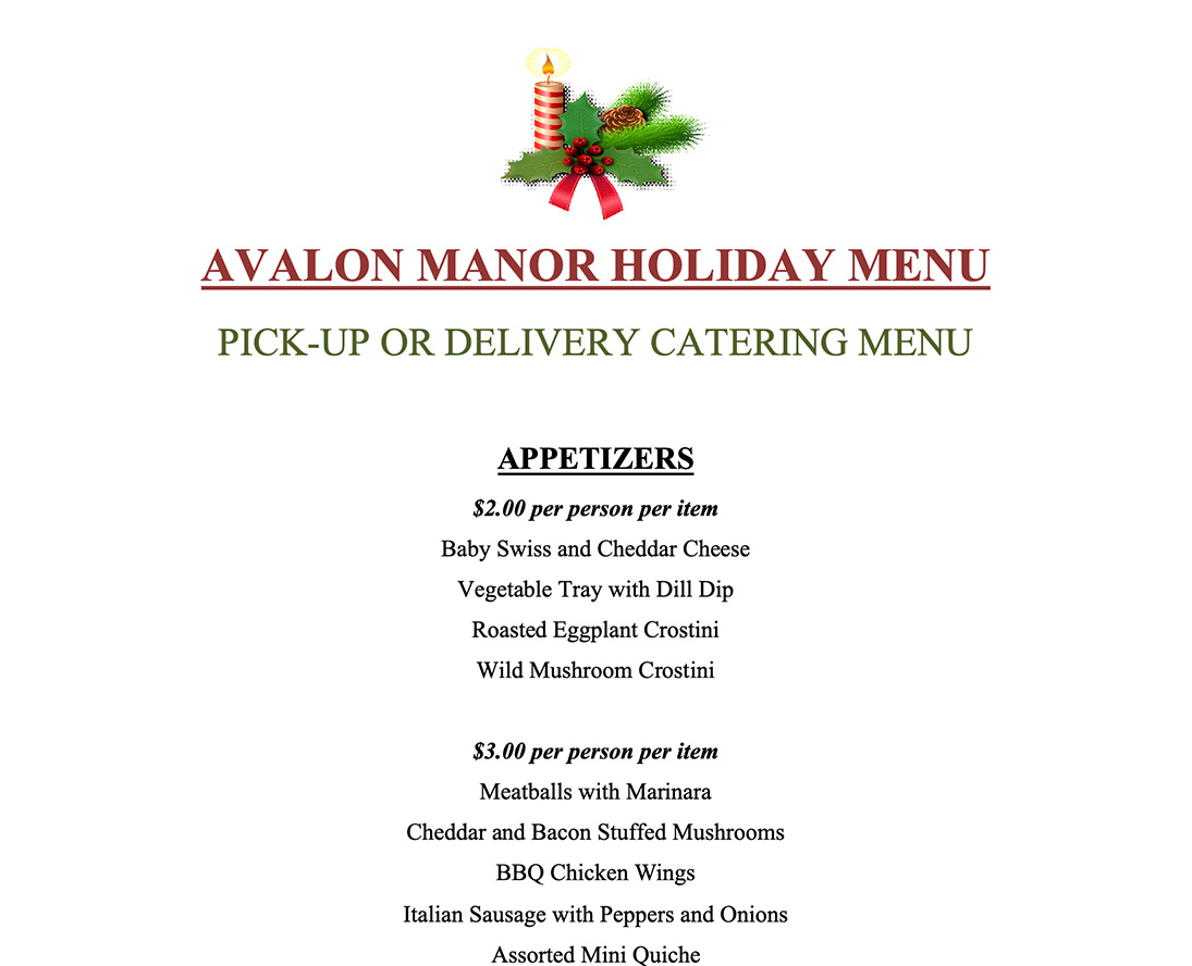 Menus | Avalon Manor