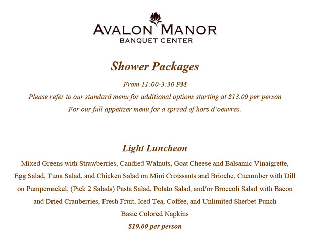 Menus | Avalon Manor