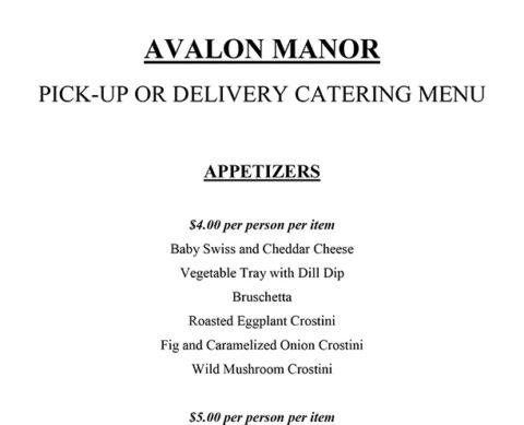 Menus | Avalon Manor